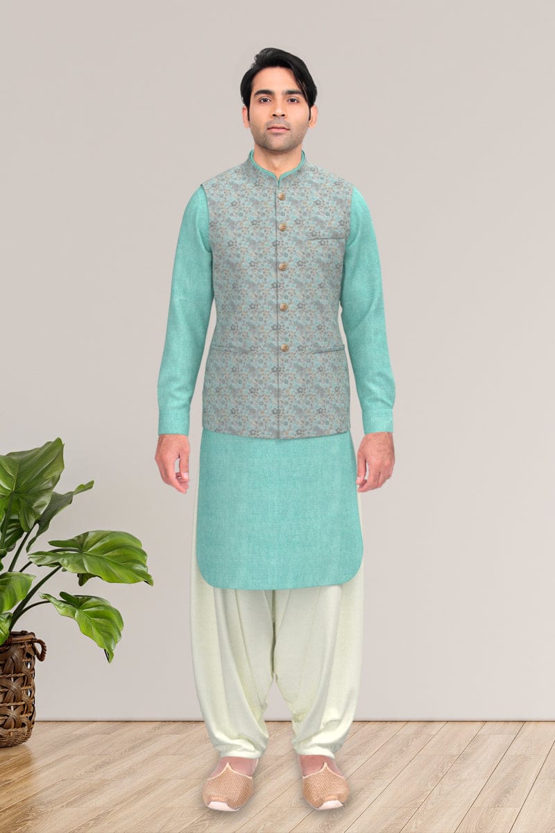 Pastel Blue Jacket With Kurta Set