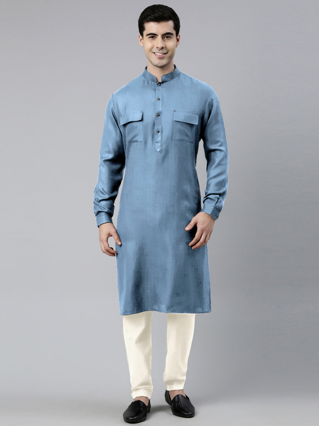 Light Blue Cotton Pathani Kurta Set with Patch pocket